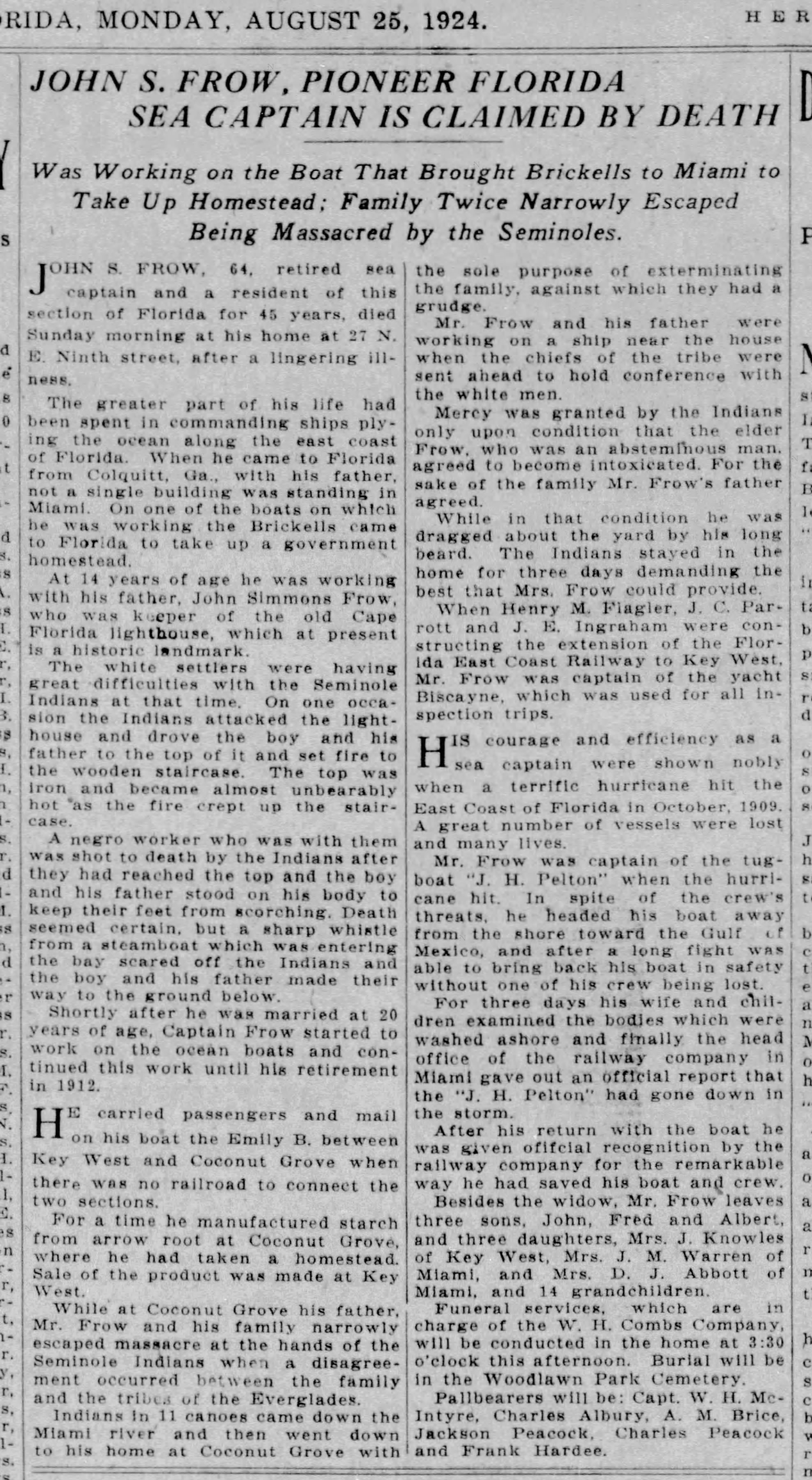 Captain John Simon Frow, Miami Florida Pioneer & Sea Captain Survived ...